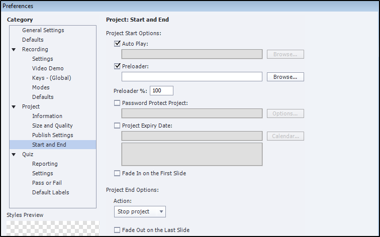 Setting project preferences in Adobe Captivate Classic